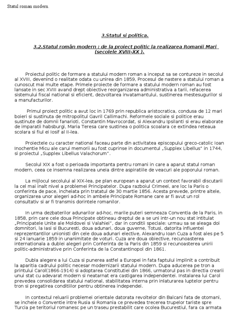 Statul Roman Modern de La Proiect Politic La Realizarea Romaniei Mari | PDF