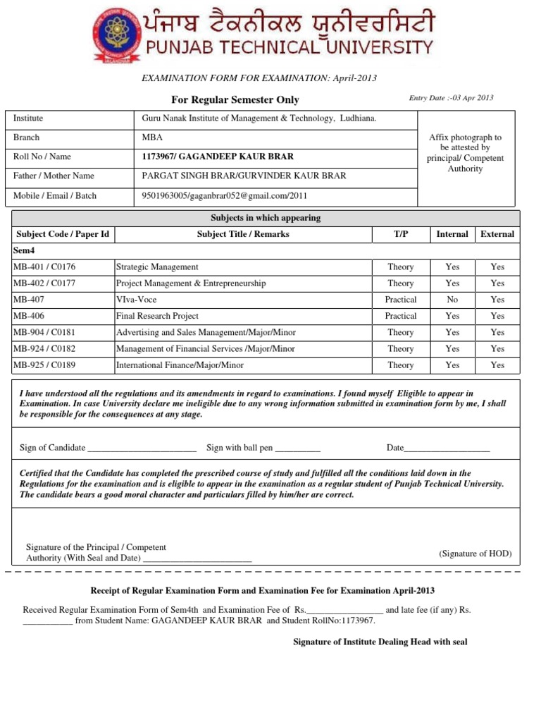 MBA Examination Form for Gagandeep Kaur | PDF | Career & Growth