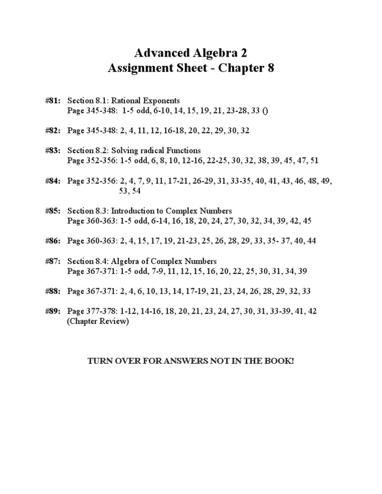 Advanced Algebra 2 Assignment Sheet - Chapter 8: Turn Over For Answers ...