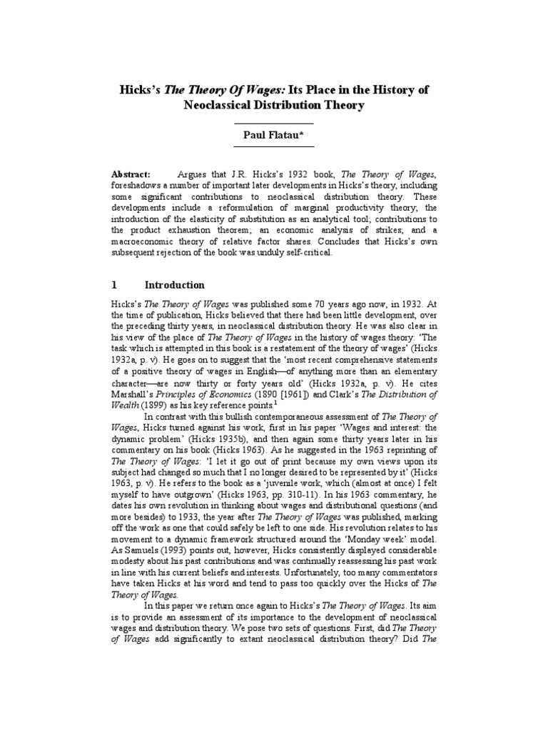 Hicks Theory of Wages | PDF | Labour Economics | Neoclassical Economics