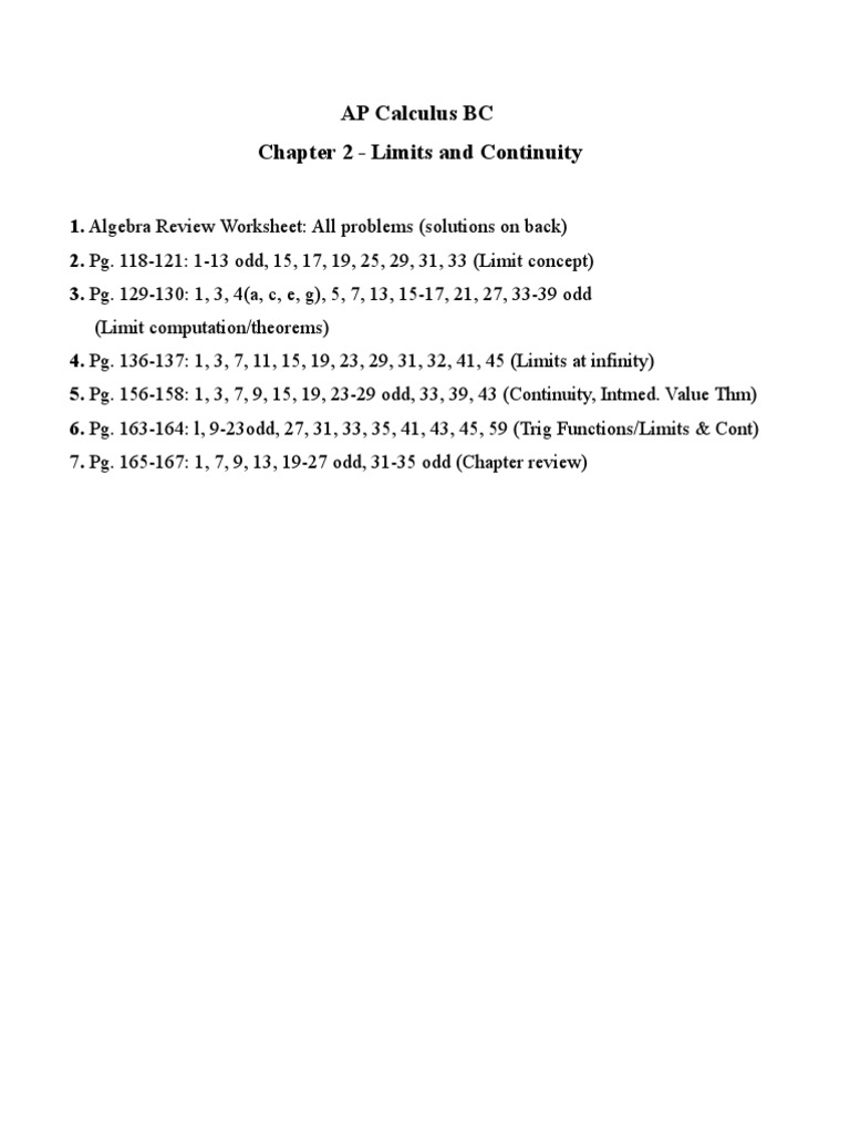 AP Calculus BC Chapter 2 - Limits and Continuity: (Limit Computation/theorems) | PDF