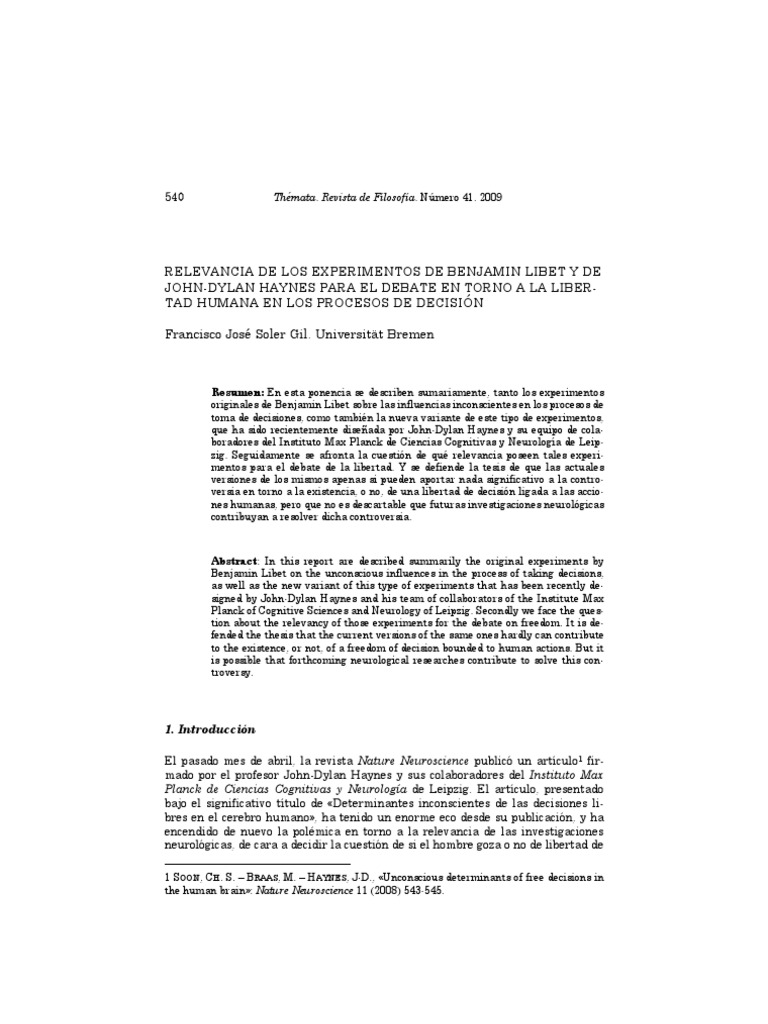 El Experimento Libet | PDF | Toma de decisiones | Libertad