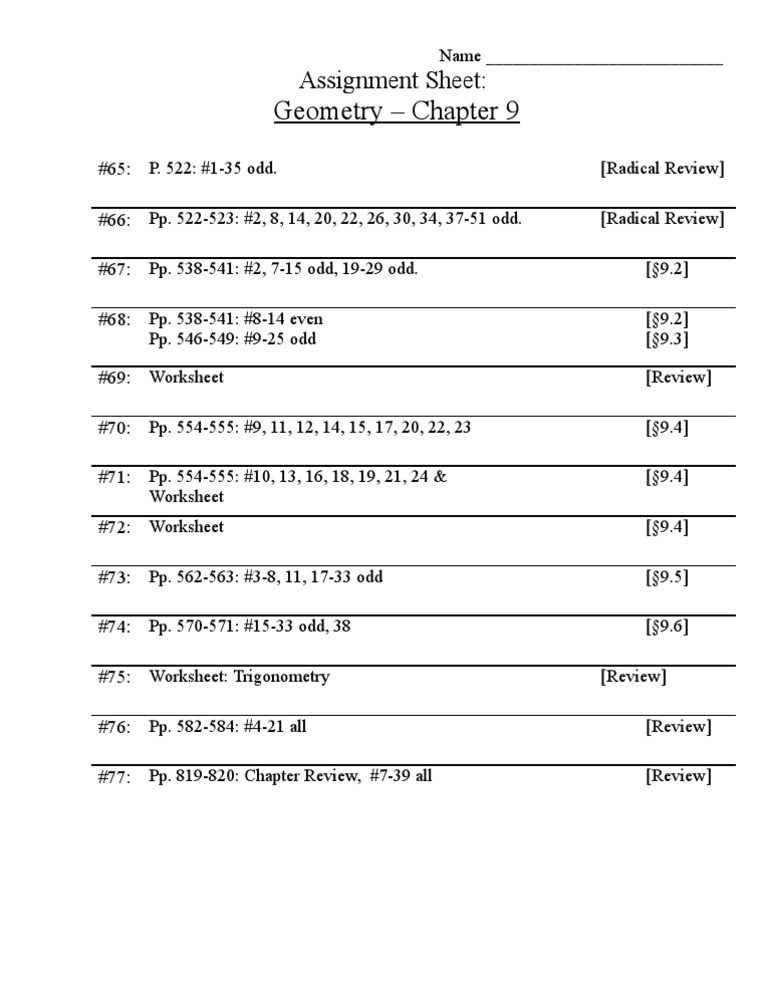 Geometry - Chapter 9: Assignment Sheet | PDF