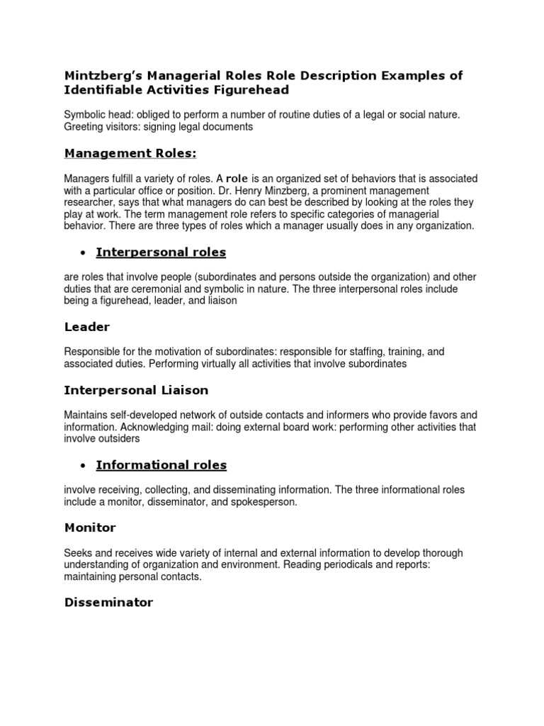 Mintzberg's Managerial Roles Role Description Examples of Identifiable ...