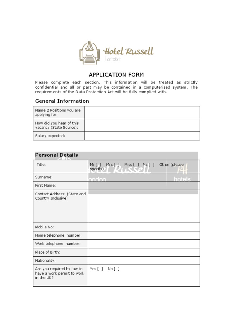 Hotel Job Application Form Template | PDF | Race And Ethnicity In The ...
