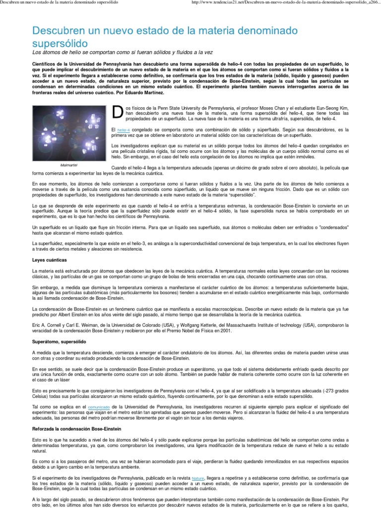 Descubrimiento del supersólido de helio-4 | PDF | Importar | Helio