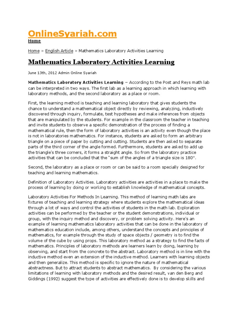 Mathematics Laboratory Activities Learning: June 13th, 2012 Admin ...