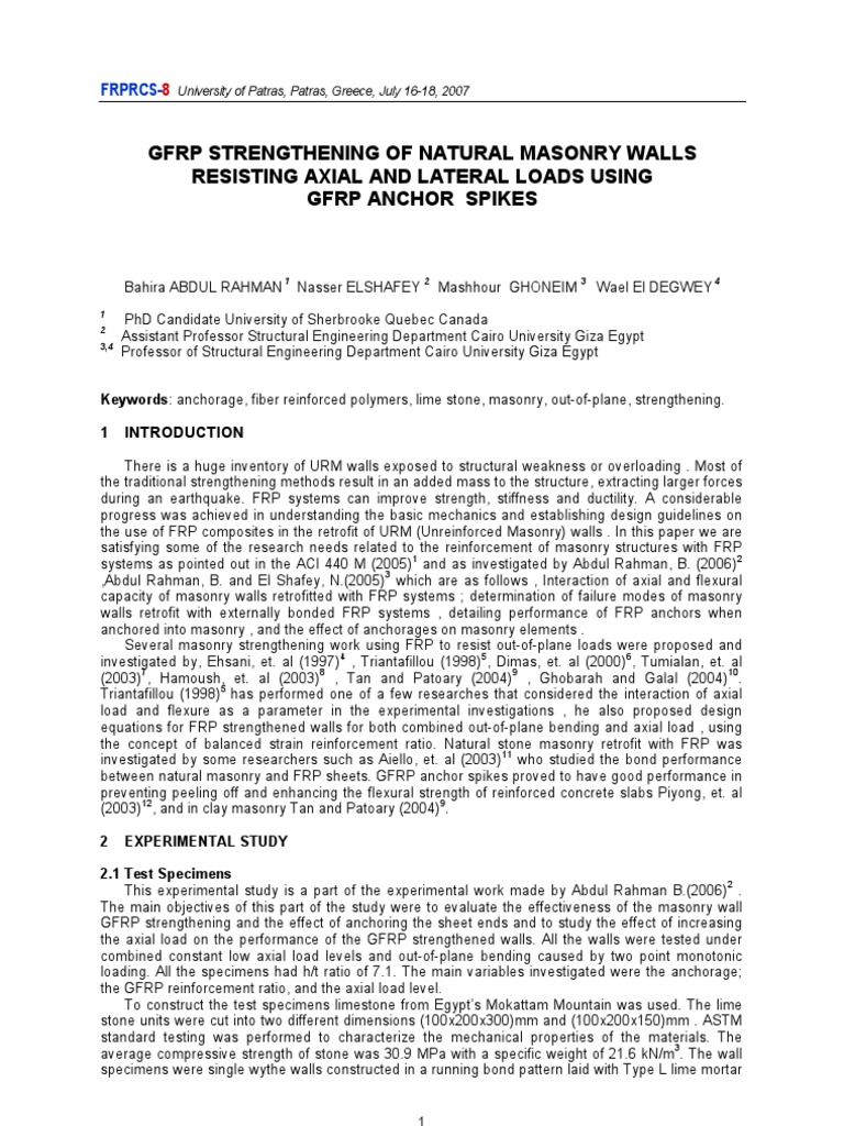 GFRP Strengthening of Natural Masonry Walls Resisting Axial and Lateral ...
