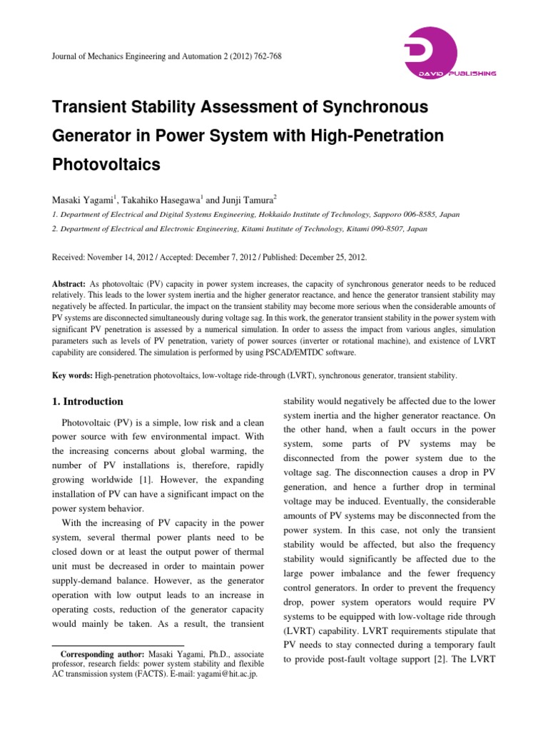 Transient Stability Assessment of Synchronous Generator in Power System ...