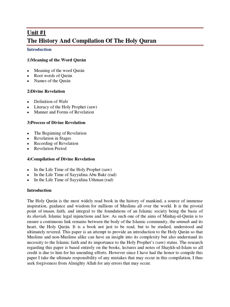Unit#1.the History and Compilation of The Holy Quran | PDF | Quran | Islam