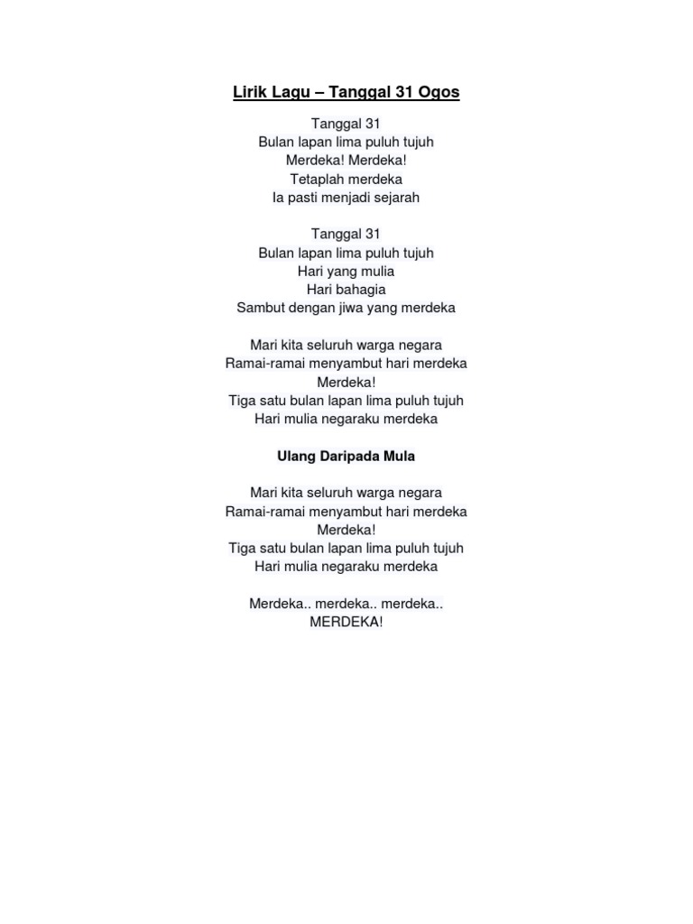 Lirik Lagu Tanggal 31 Ogos | PDF