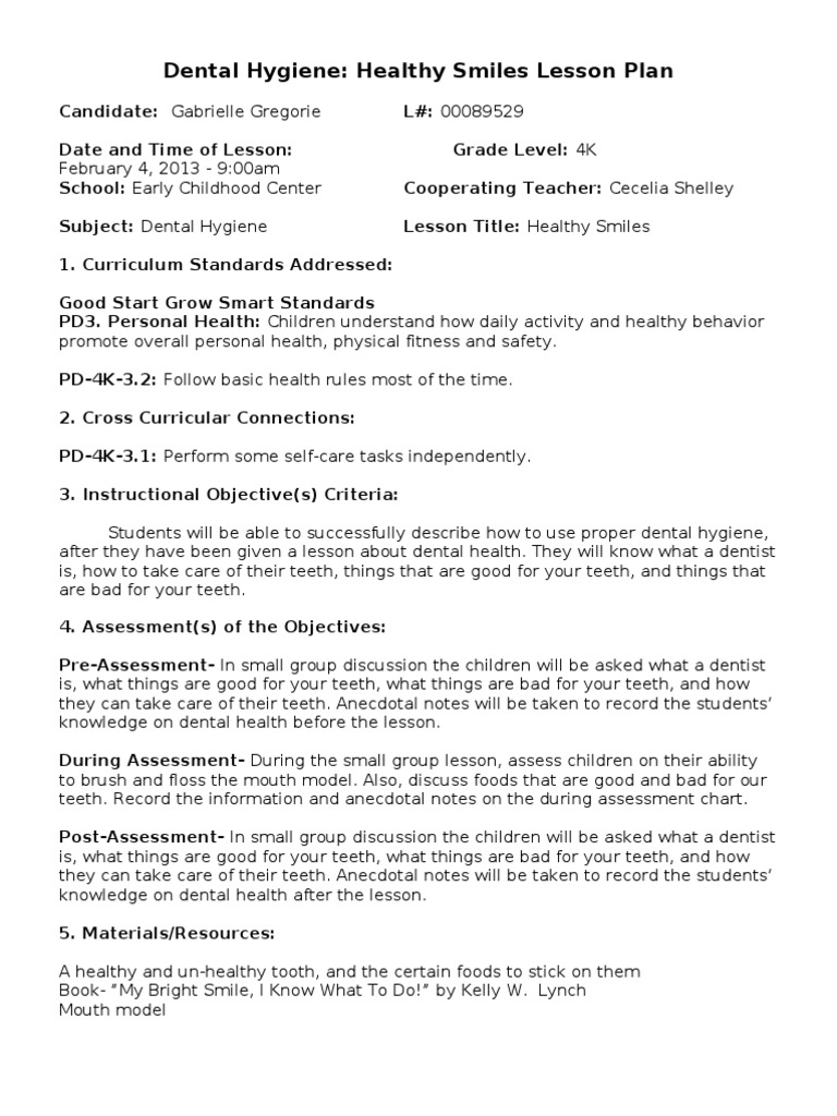 Dental Hygiene: Healthy Smiles Lesson Plan | PDF | Oral Hygiene | Human ...