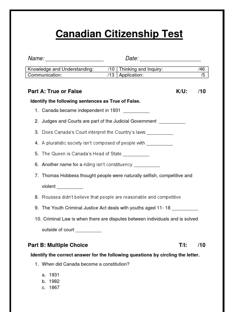 Canadian Citizenship Test: Name: - Date | PDF | Canada | Provinces And ...