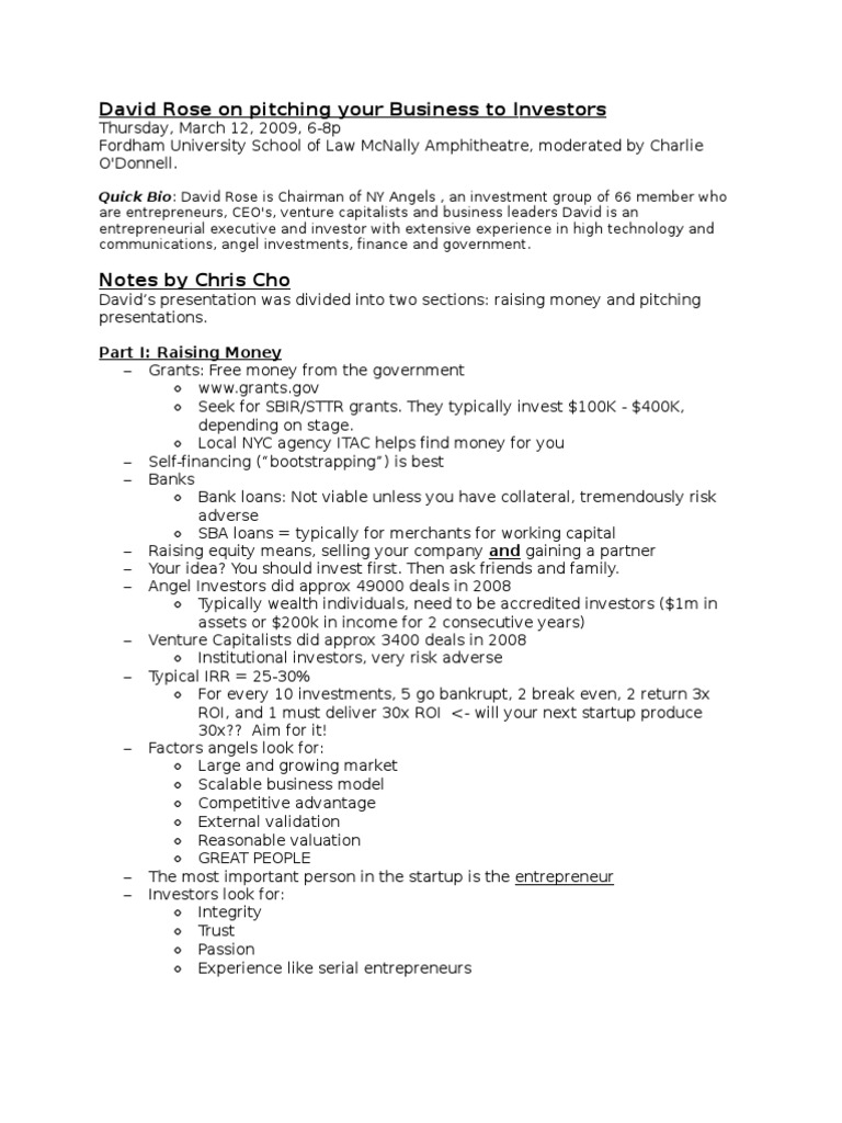 David Rose On Pitching Your Business To Investors | PDF | Angel ...