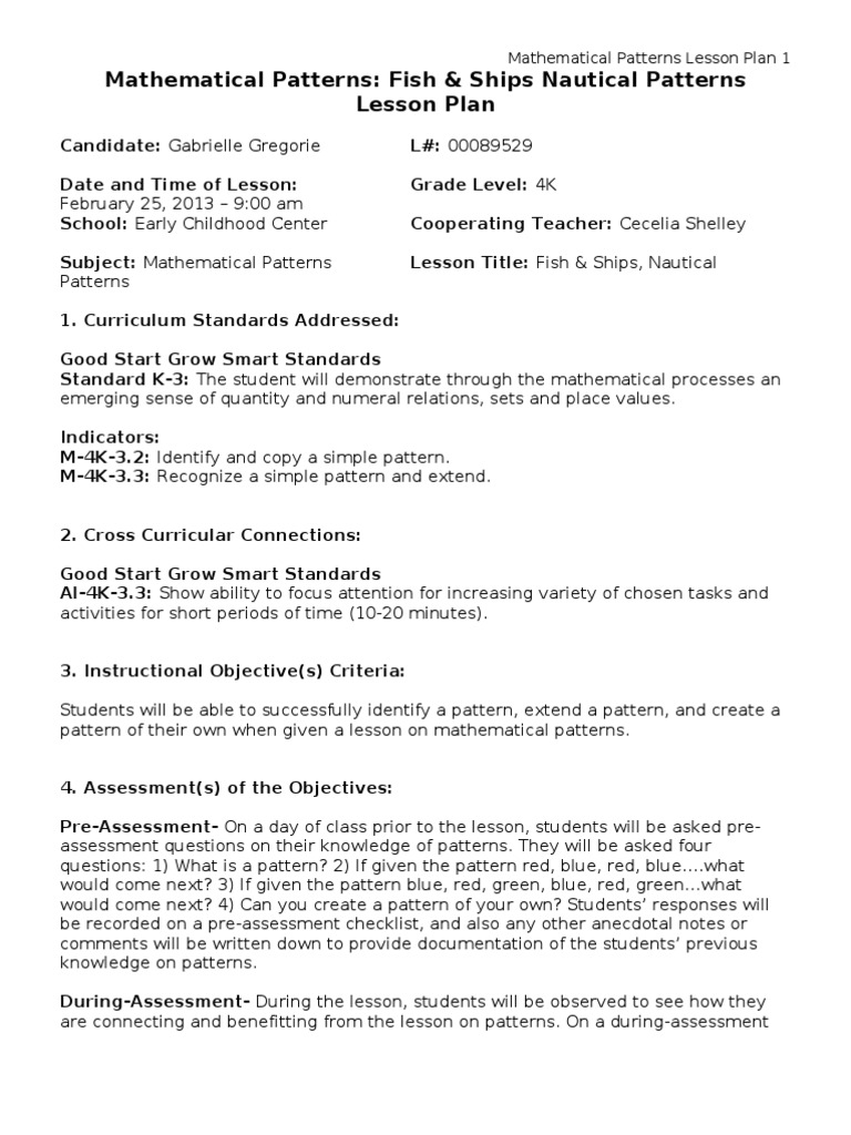 Mathematical Patterns: Fish & Ships Nautical Patterns Lesson Plan | PDF ...