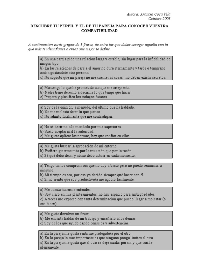 Test Compatibilidad Pareja | Descargar gratis PDF | Amor | Ciencias del ...