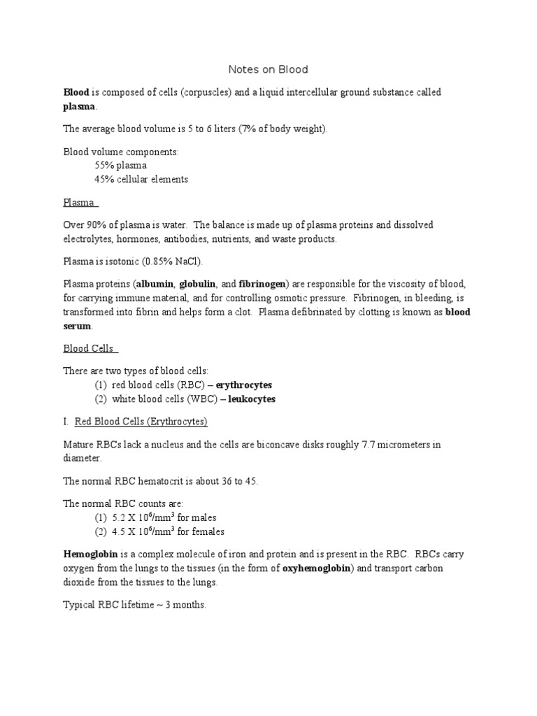 Notes On Blood | PDF | White Blood Cell | Red Blood Cell