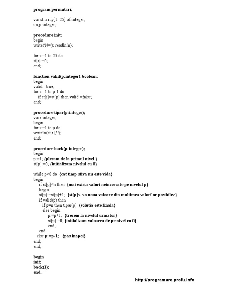 Limbajul Pascal. Metoda Backtracking. Permutari | PDF
