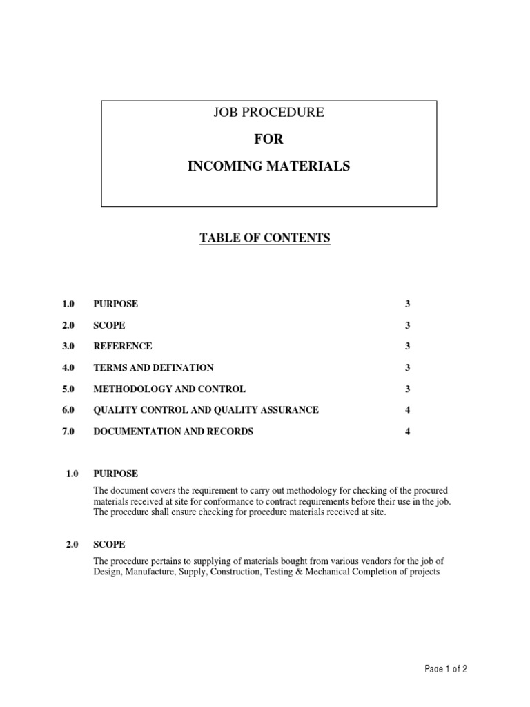 Incoming Material Inspection Procedure | PDF | Verification And ...