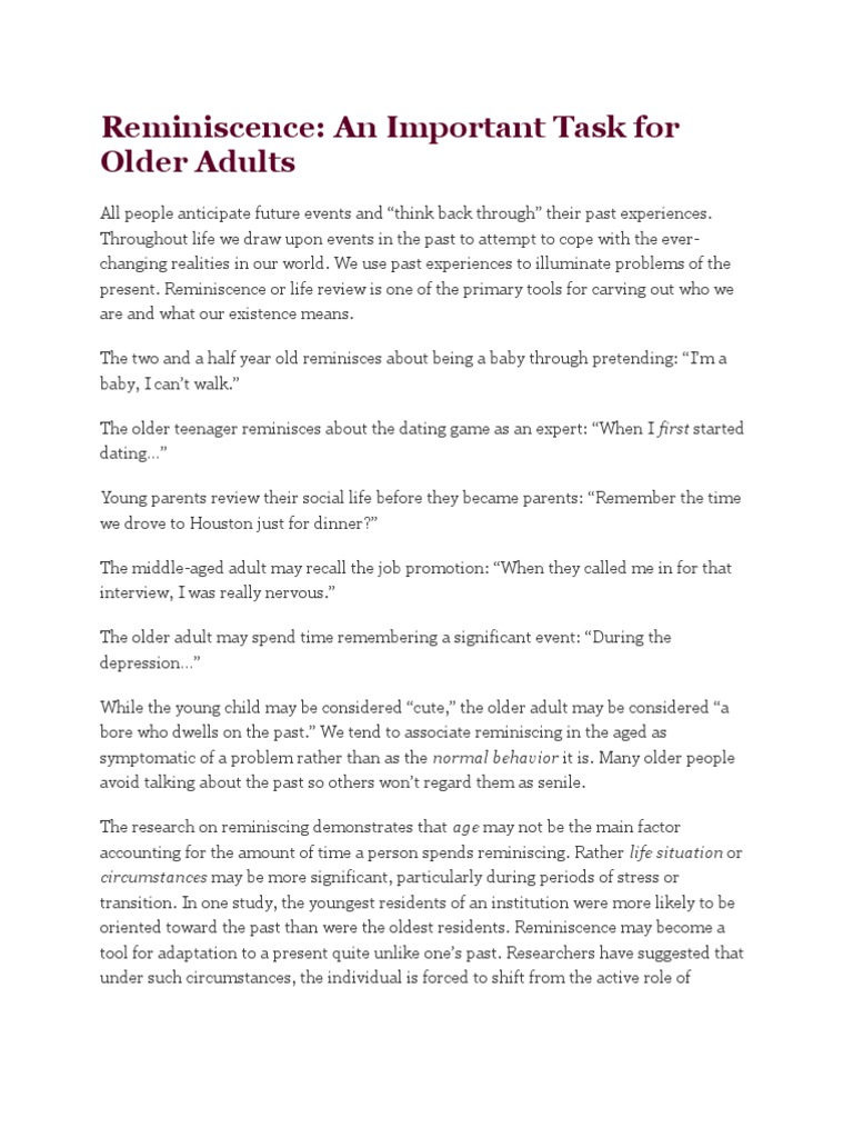 Reminiscence: An Important Task For Older Adults | PDF | Self | Memory