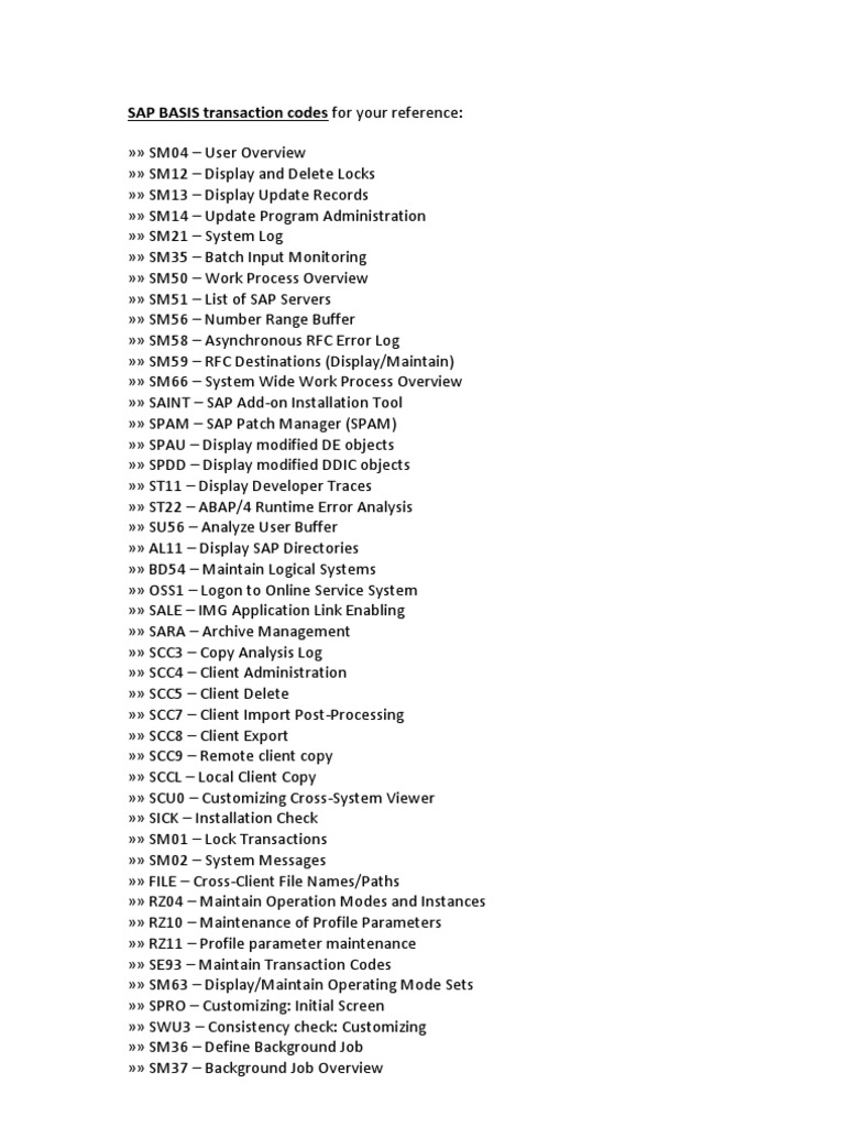 SAP BASIS Transaction Codes List | PDF | Digital Technology ...