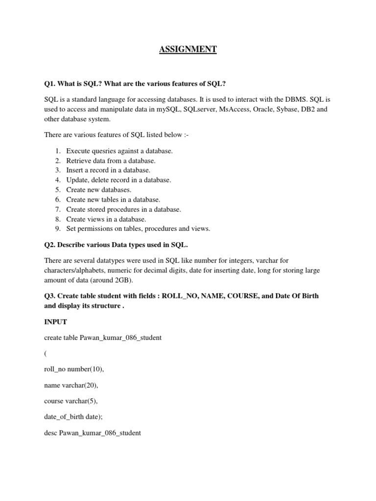 Assignment: Q1. What Is SQL? What Are The Various Features of SQL ...