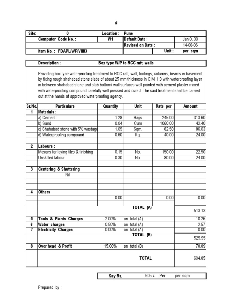 Rate Analysis For Site Concept, All Item | PDF | Paint | Tile