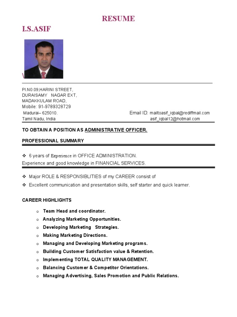 Resume I.S.Asif: To Obtain A Position As Administrative Officer ...