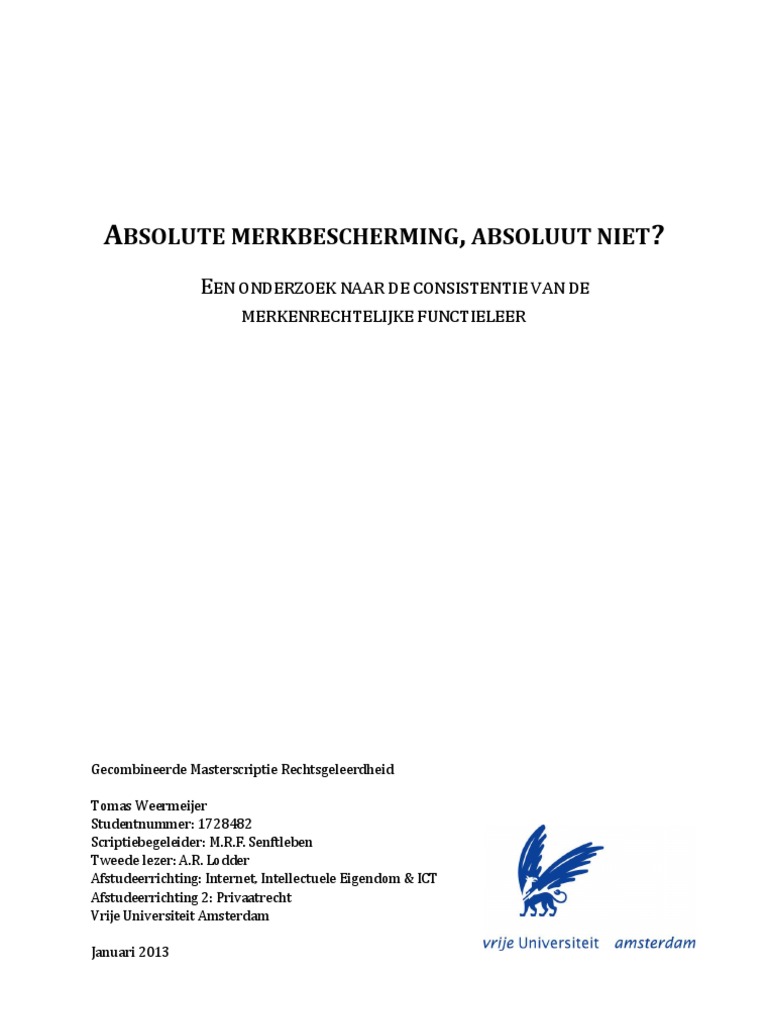 Masterscriptie Functieleer Merkenrecht Tomas Weermeijer VU 2013 | PDF