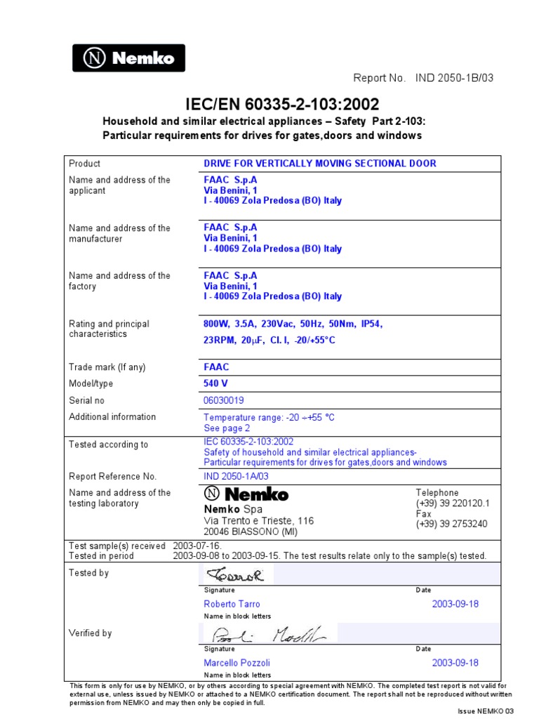Test Report NEMKO Theo Iec 60335-2-103 | PDF | Switch | Kilogram