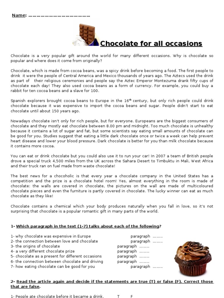 Reading Comprehension Chocolate For All Occasions | PDF | Chocolate ...