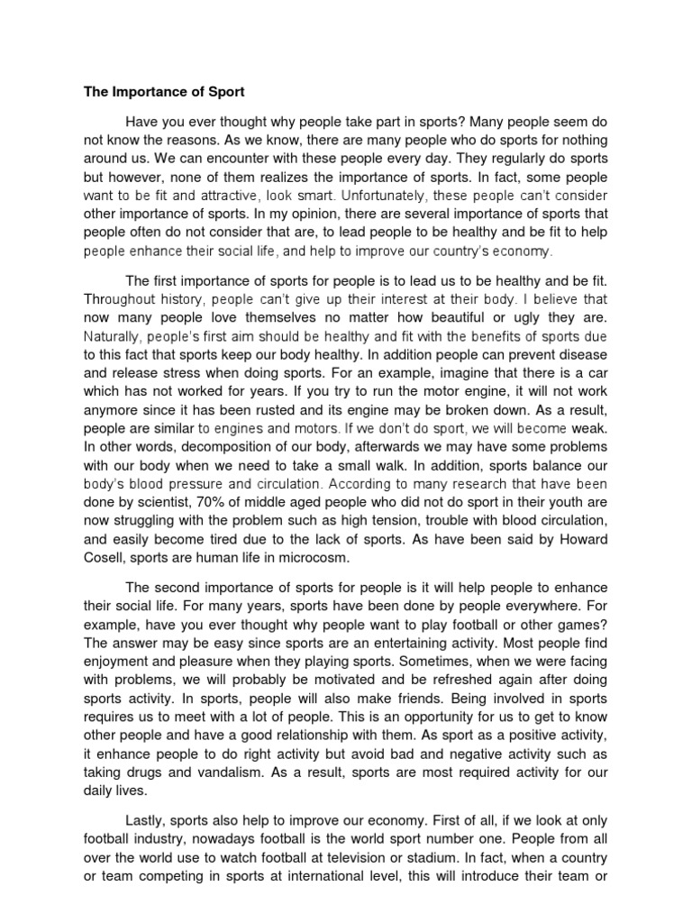 The Importance of Sport Essay | PDF | Psychology | Behavioural Sciences