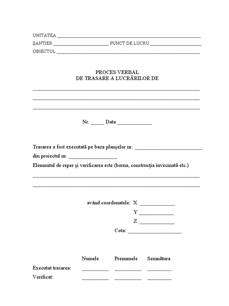Proces Verbal de Trasare a Lucrarilor