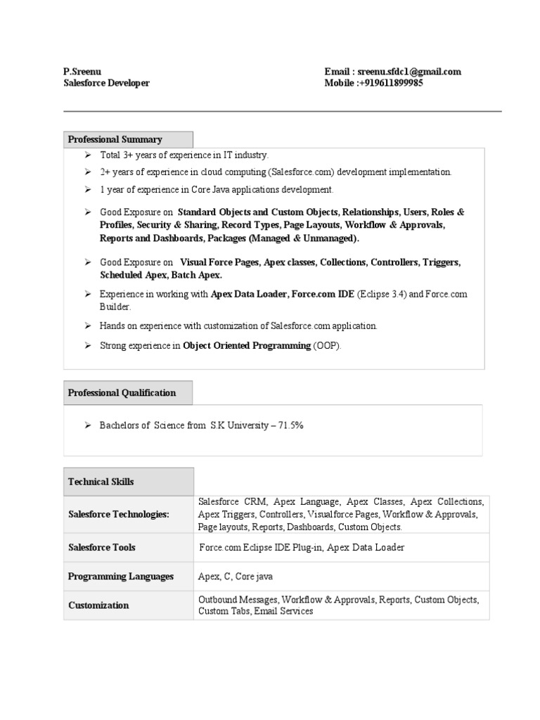 Sreenu SFDC 3+ Exp Resume | PDF | Salesforce.Com | Object Oriented Programming