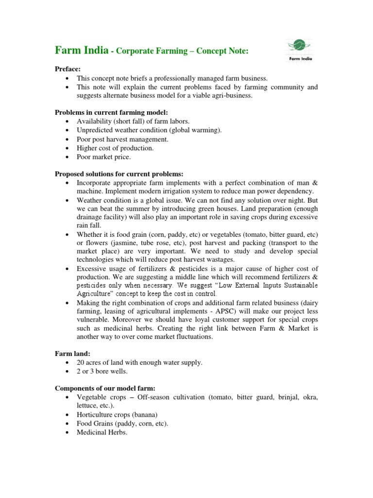 Corporate Farming - Concept Note | Farms | Agriculture