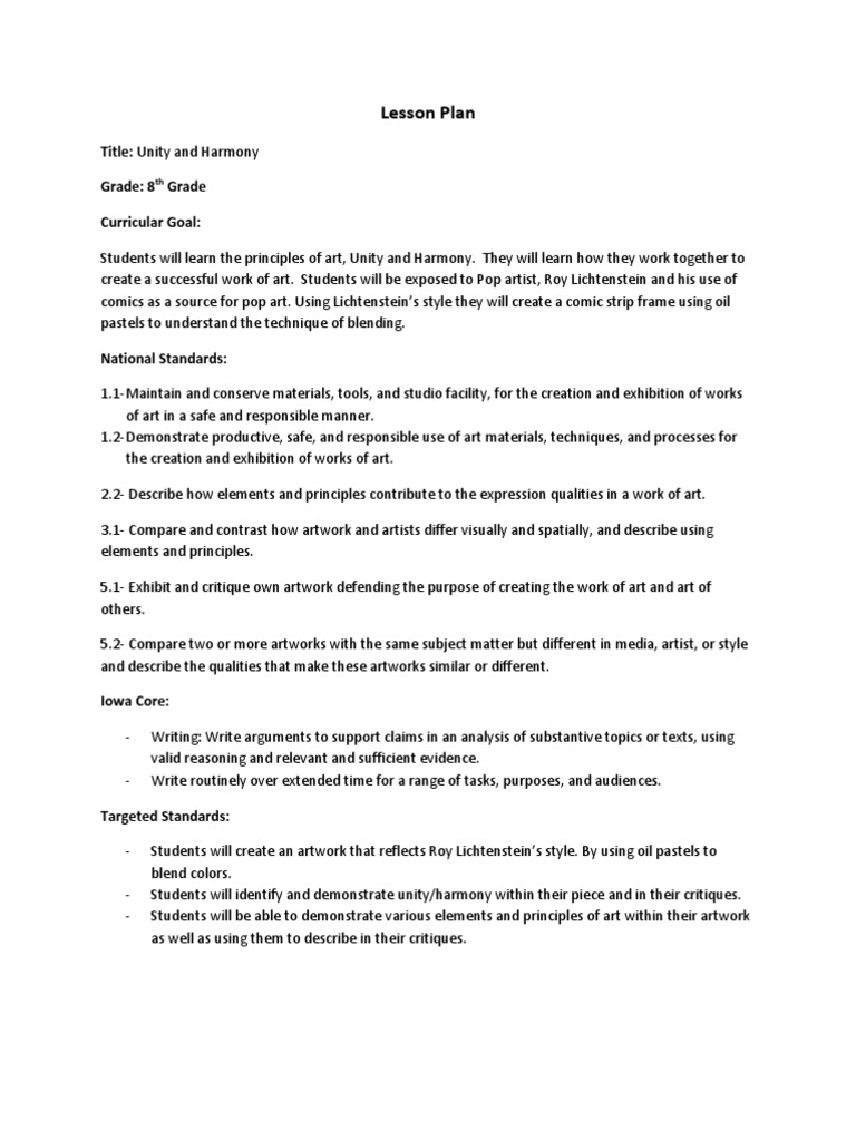 8th Grade Unity and Harmony Art Lesson | PDF | Lesson Plan | Communication