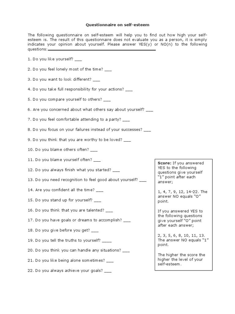 Measuring Self-Esteem: A 22 Question Self-Assessment Questionnaire ...