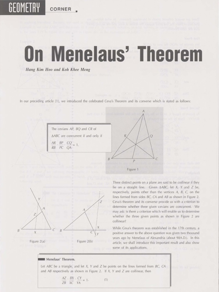 On Menelaus' Theorem (Hang Kim Hoo and Koh KM) | Line (Geometry) | Triangle