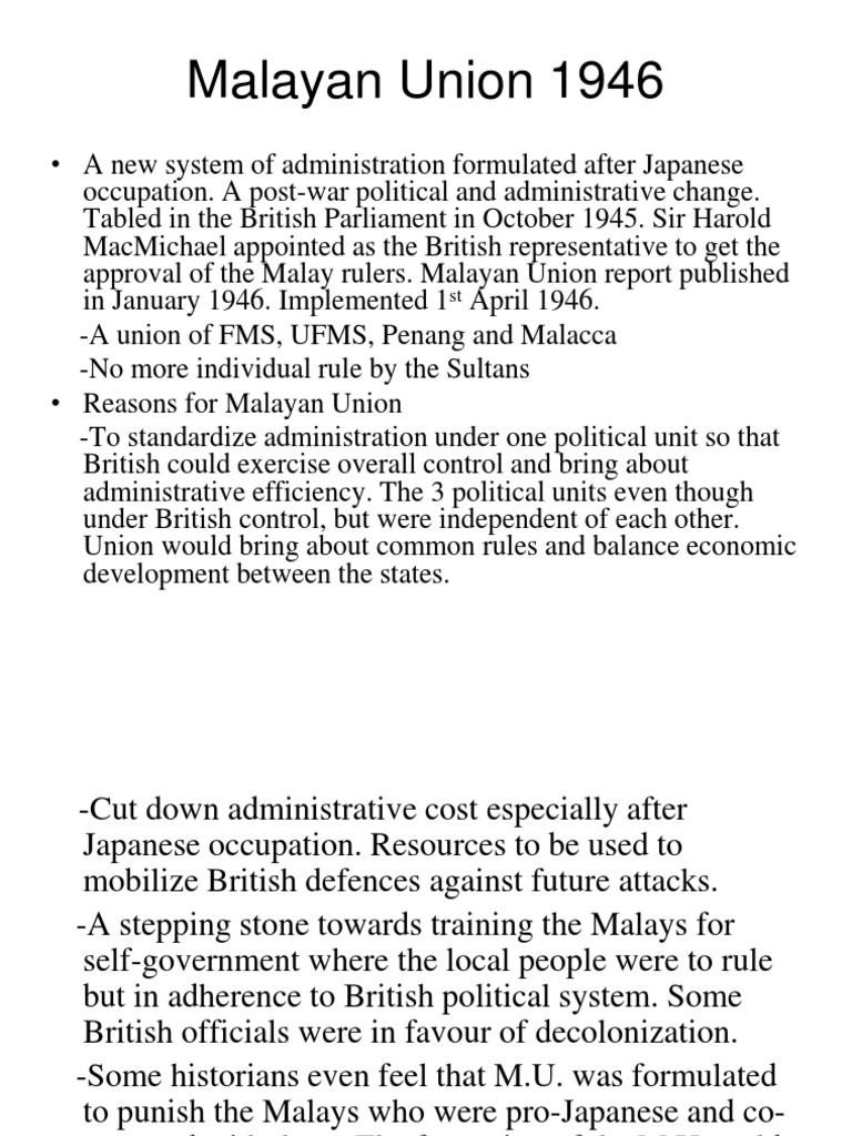 L11 Malayan Union 1946 | Malaysia | Politics