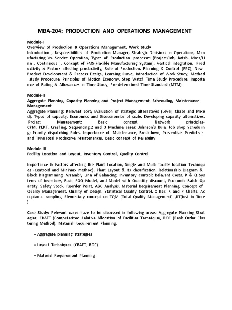 MBA Production and Operations Overview | PDF | Operations Management ...