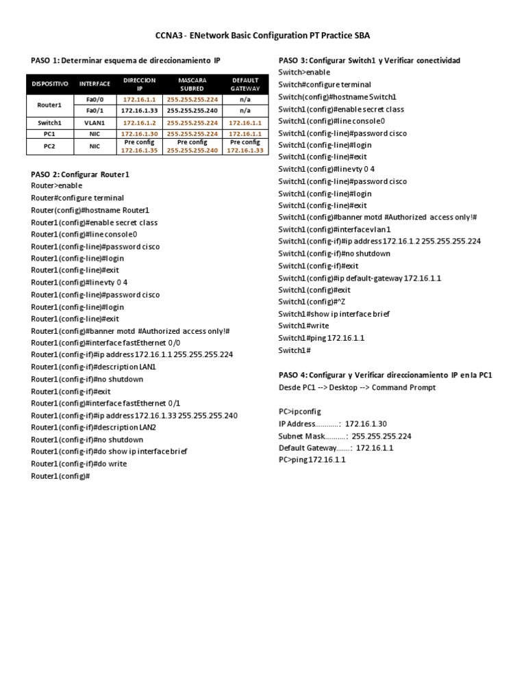 ENetwork Basic Configuration PT Practice SBA | PDF
