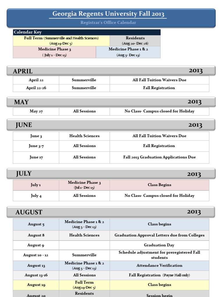 Georgia Regents University Fall 2013 Calendar | PDF