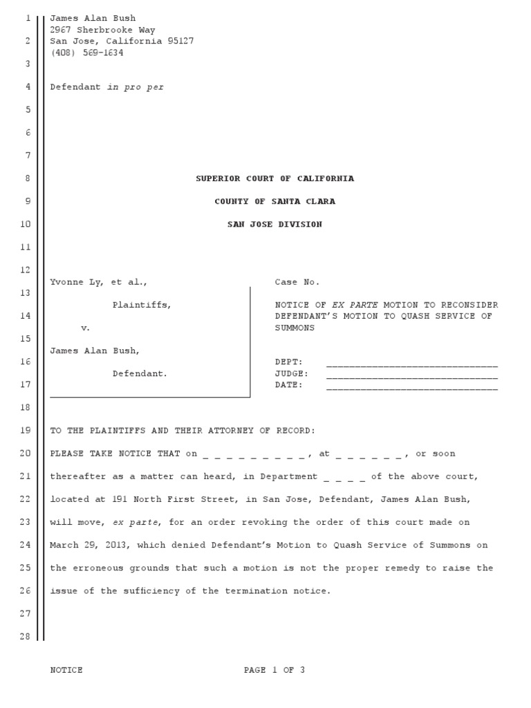 Notice of Ex Parte Motion To Reconsider Motion To Quash Service of Summons | Download Free PDF ...