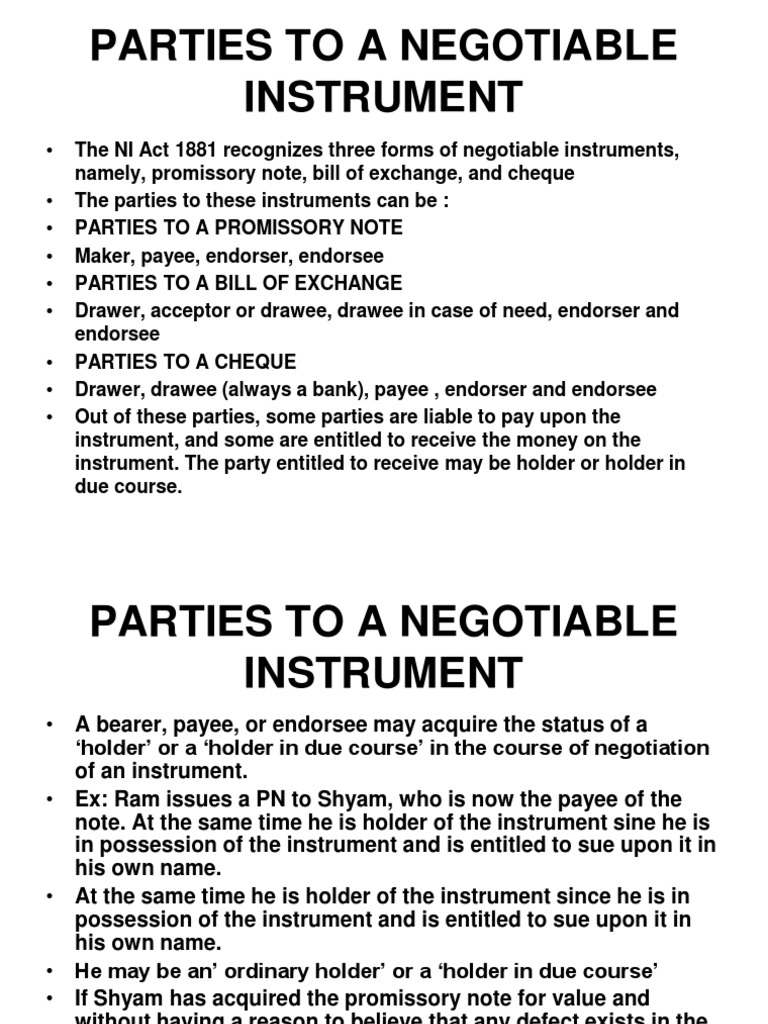 Parties To A Negotiable Instrument | PDF | Negotiable Instrument ...