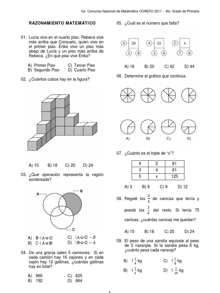 Examen 4to Grado | Enseñanza de matemática | Naturaleza