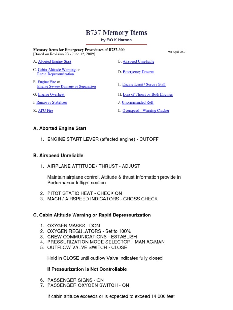 B737 Memory Items | Aviation | Transport