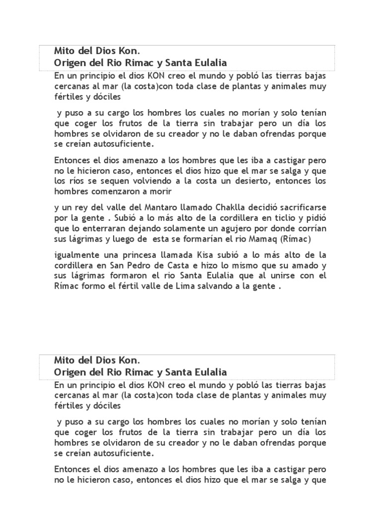 Mito del Dios Kon y los Ríos Rímac y Eulalia | PDF | Viajes y turismo