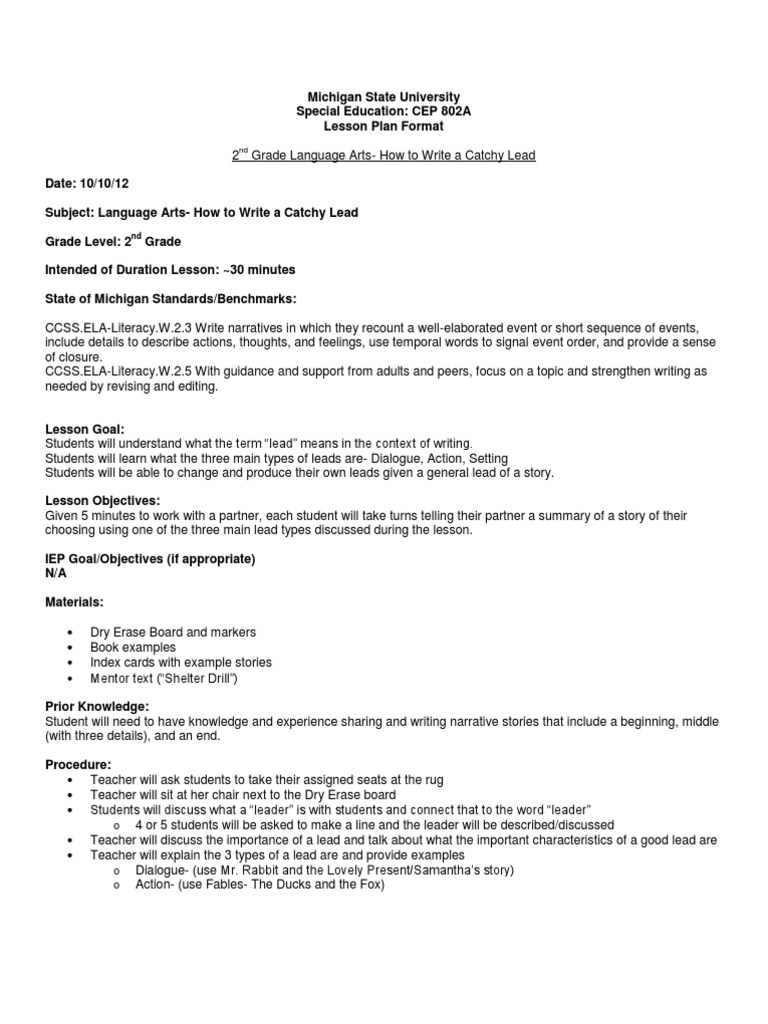 Catchy Leads Lesson | PDF | Lesson Plan | Teachers