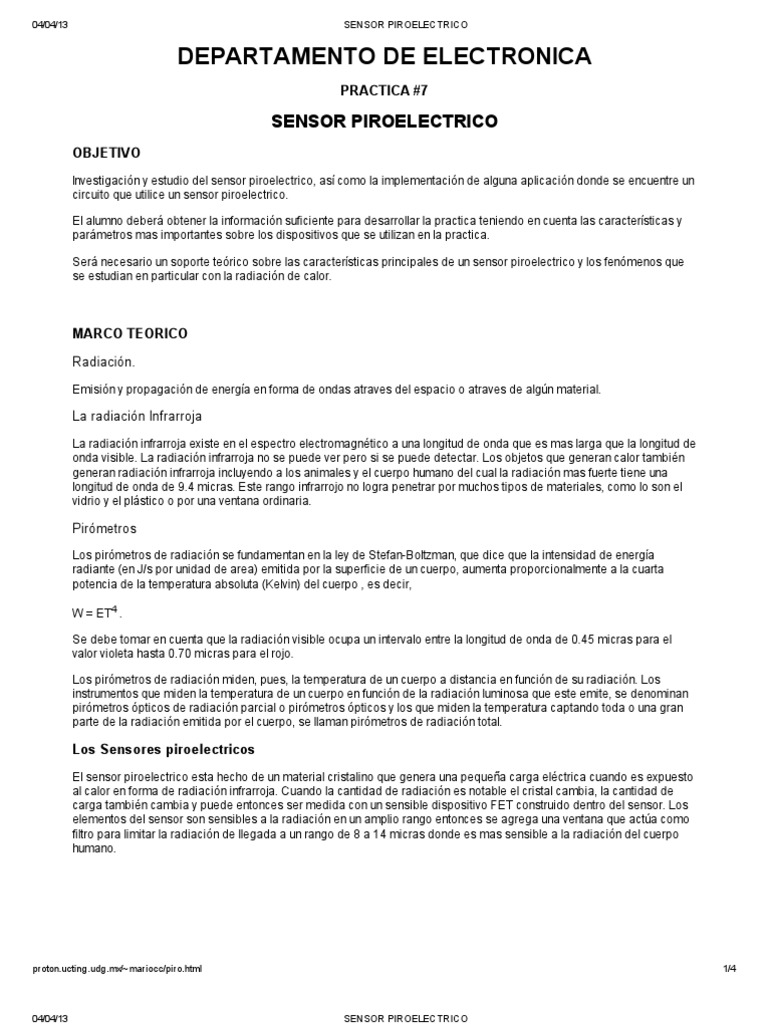Sensor Piroelectrico | PDF | Radiación electromagnética | Infrarrojo Sensor Piroelectrico | PDF | Radiación electromagnética | Infrarrojo