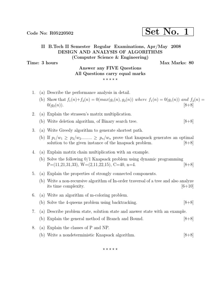 Design and Analysis of Algorithms May 2008 Question Paper | PDF | Dynamic Programming | Time ...